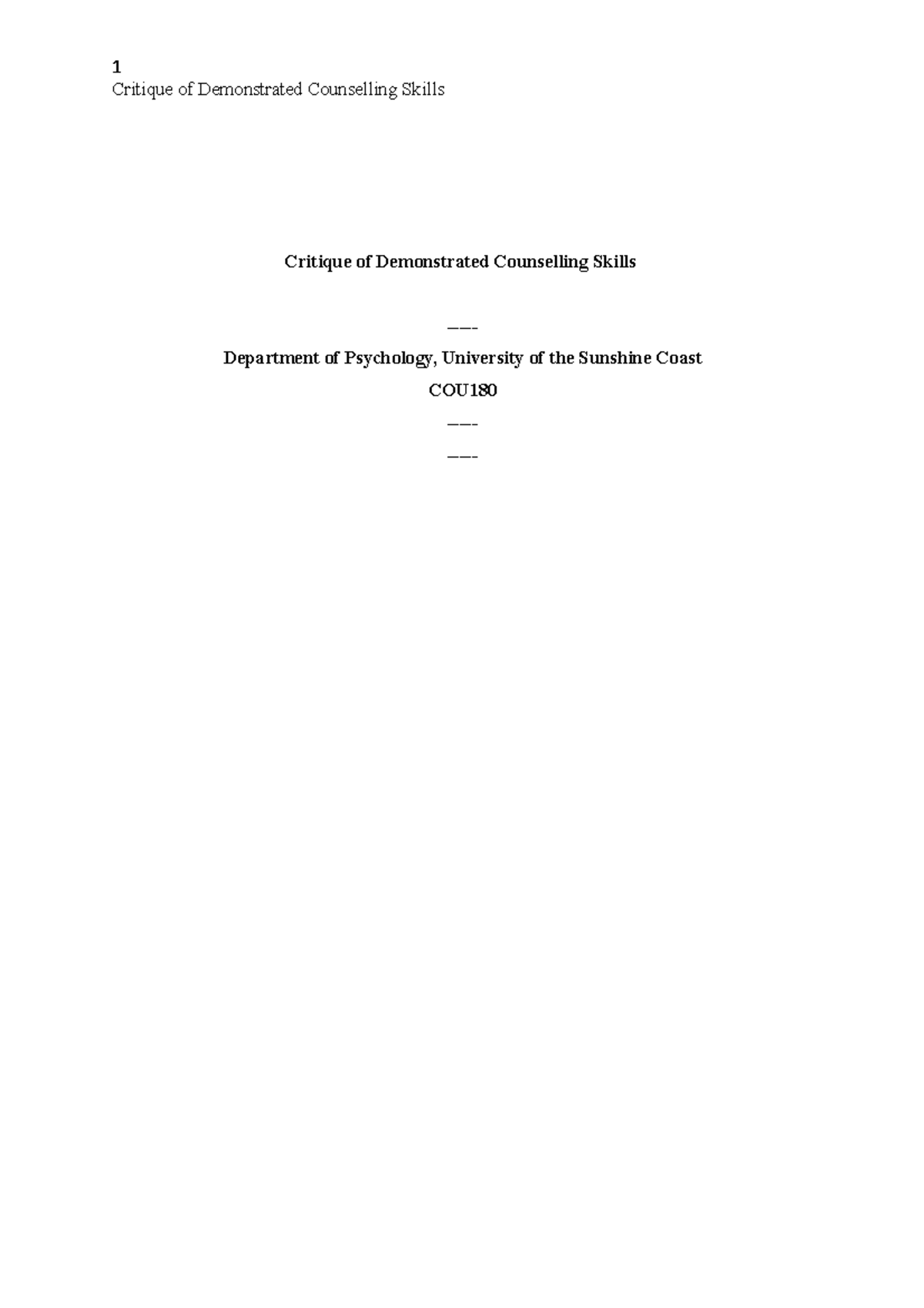 COU180 Essay: Critique of Demonstrated Counselling Skills - Studocu