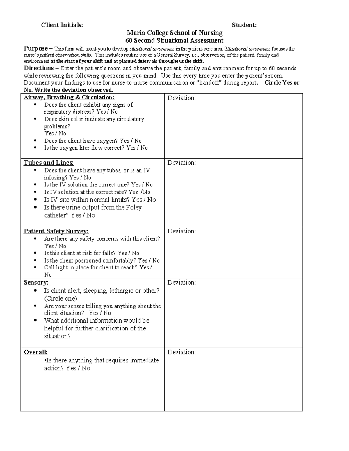 NUR 101: 60 Second Situational Assessment Guide for Patient Care - Studocu