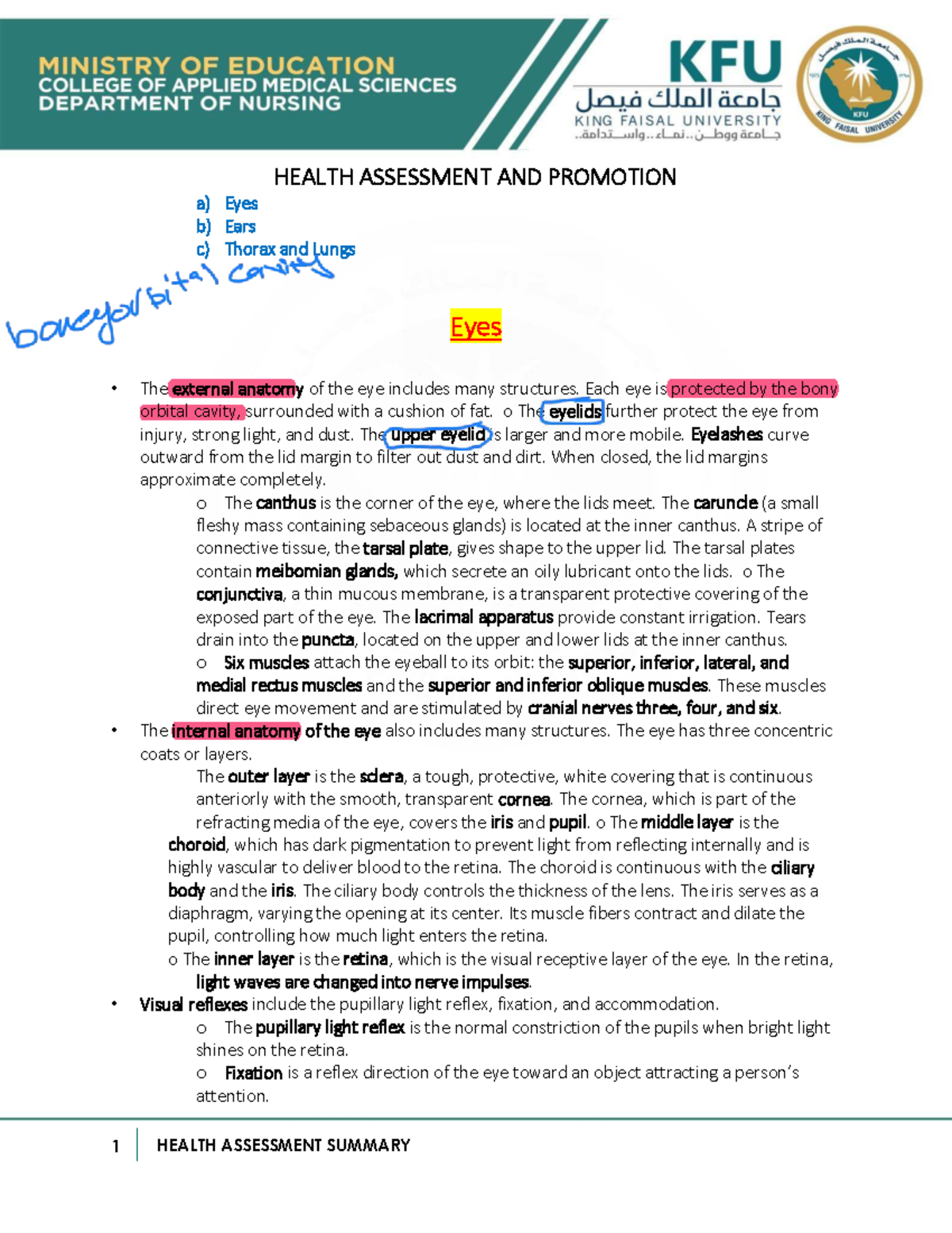 HA 3 Lecture Summary: Health Assessment of Eyes, Ears, Thorax & Lungs ...