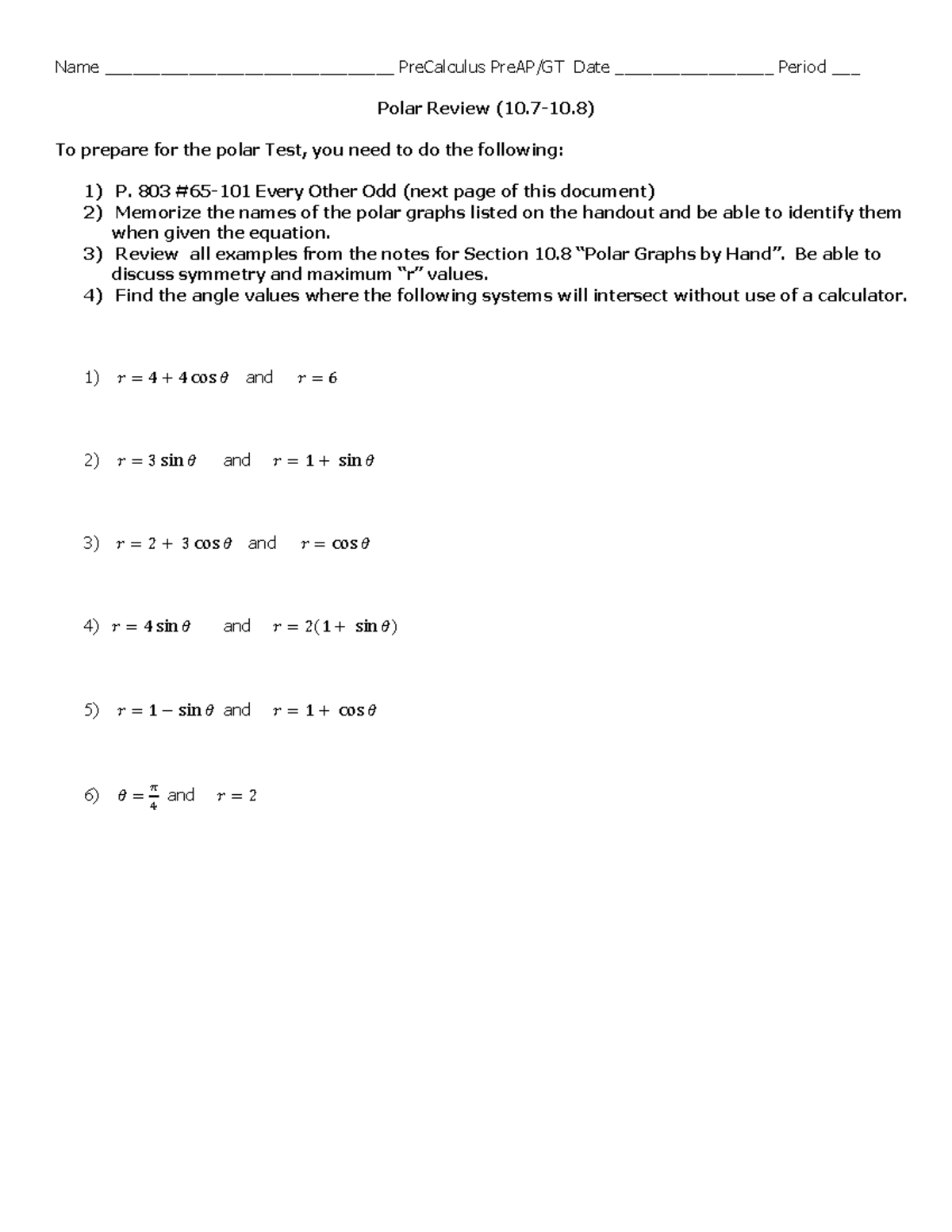 Polar Review - Name _______________________________ PreCalculus PreAP ...