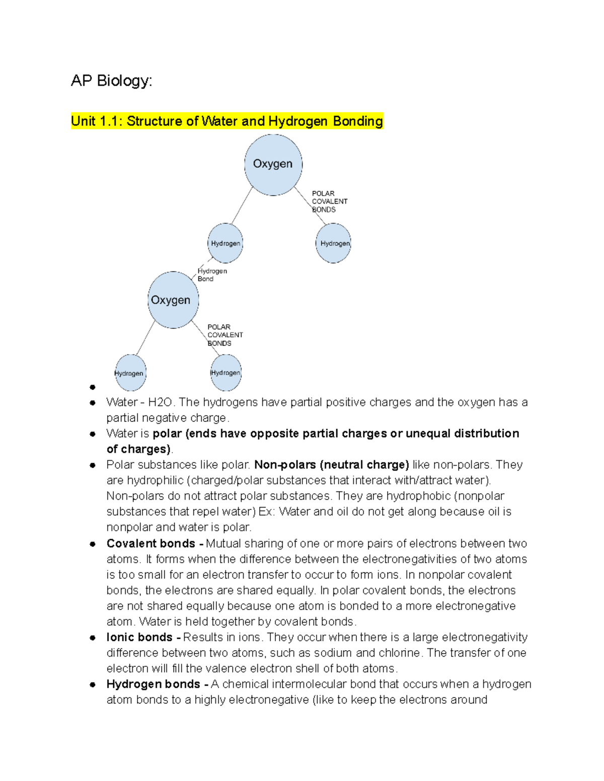 AP Biology Review Unit 1: Structure and Properties of Water (H2O) - Studocu