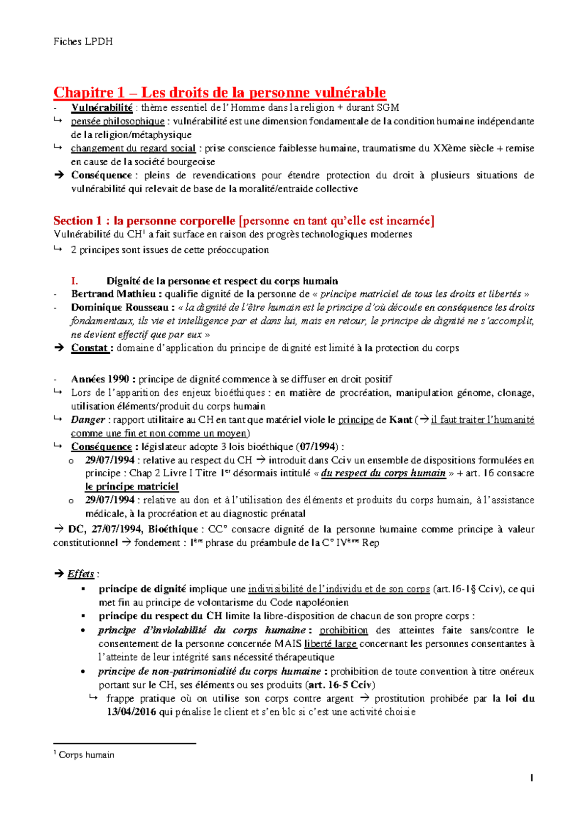 Fiches LPDH Chapitre 1 : Vulnérabilité et Dignité Humaine - Studocu