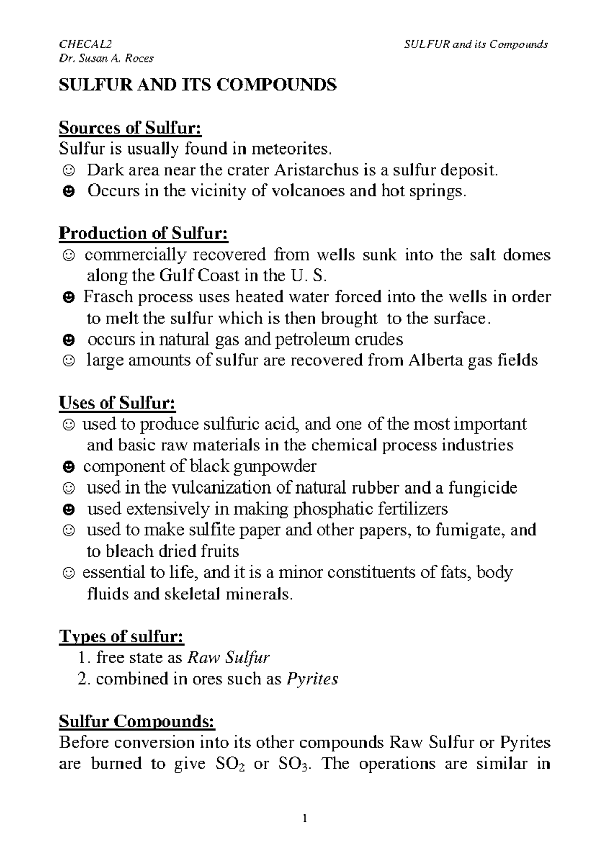 Sulfur and Its Compounds: Overview and Production Processes HO - Studocu