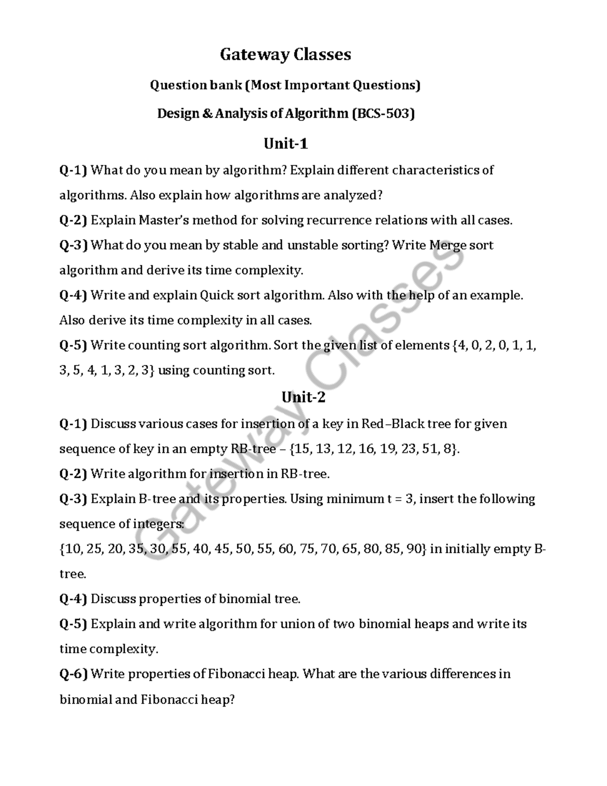 DAA Question Bank: Key Concepts & Algorithms for Analysis - Studocu