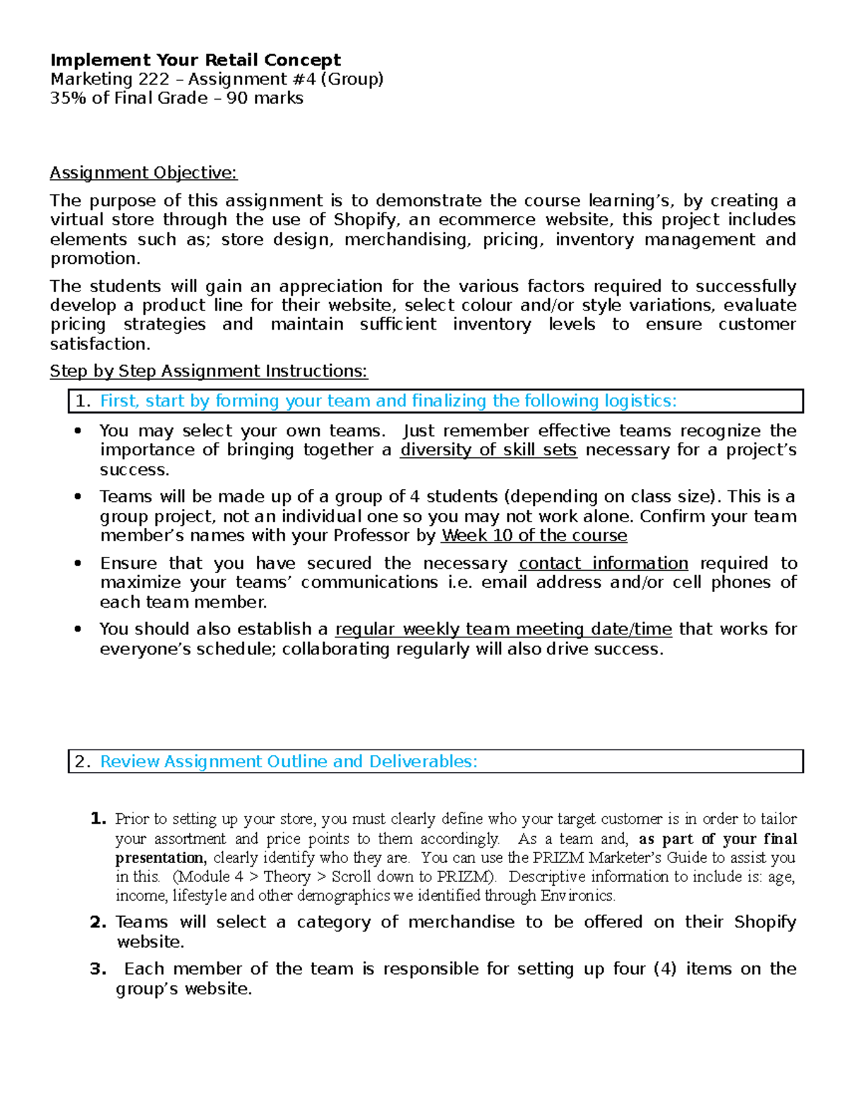 Assignment #4: Retail Concept Implementation Using Shopify (MKT 222 ...