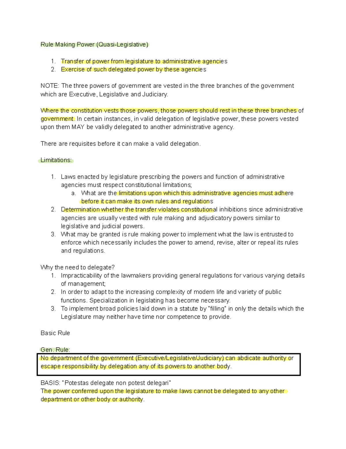Admin LAW: Quasi-Legislative Rule Making Power Notes - Studocu
