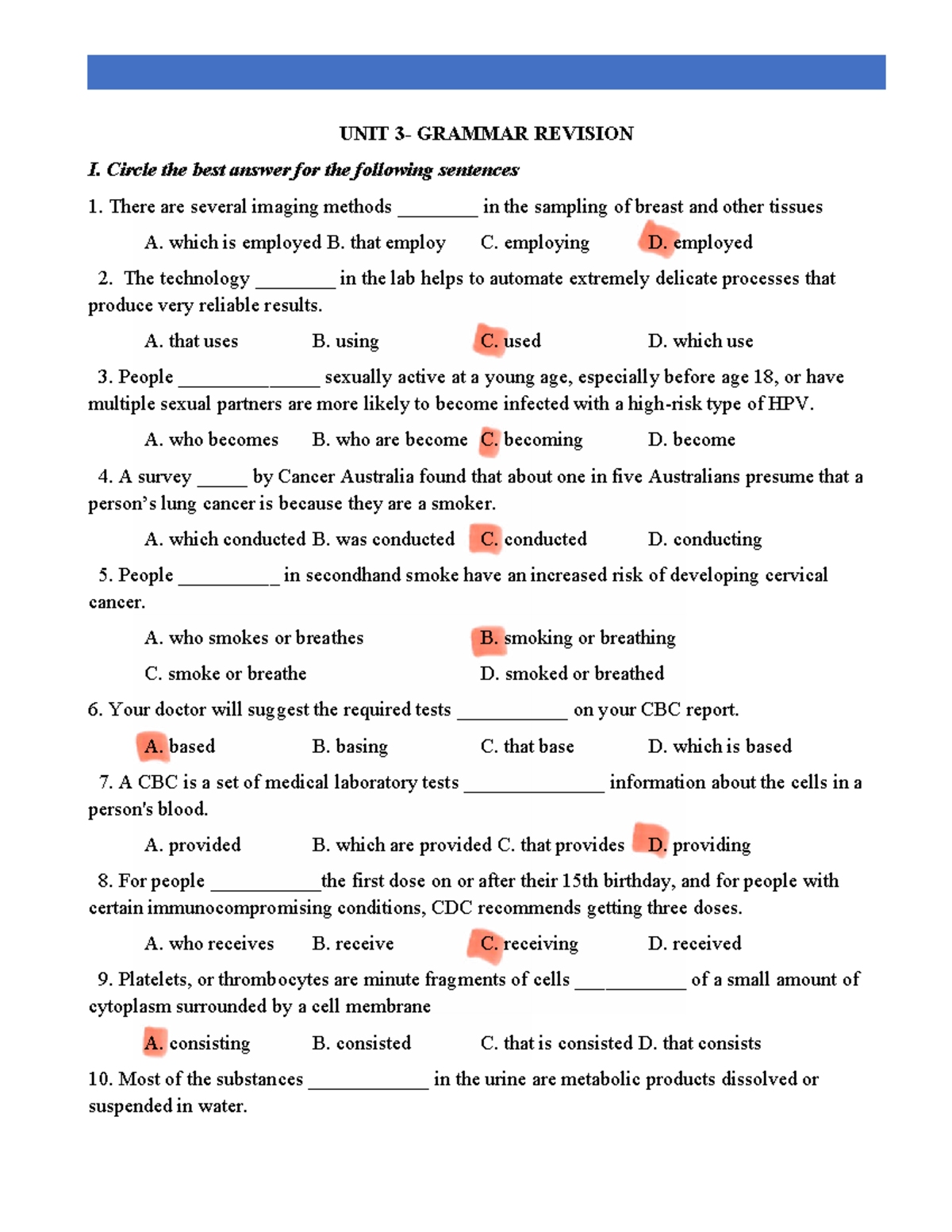 UNIT 3 - Grammar Revision: Medical English Exercises - Studocu