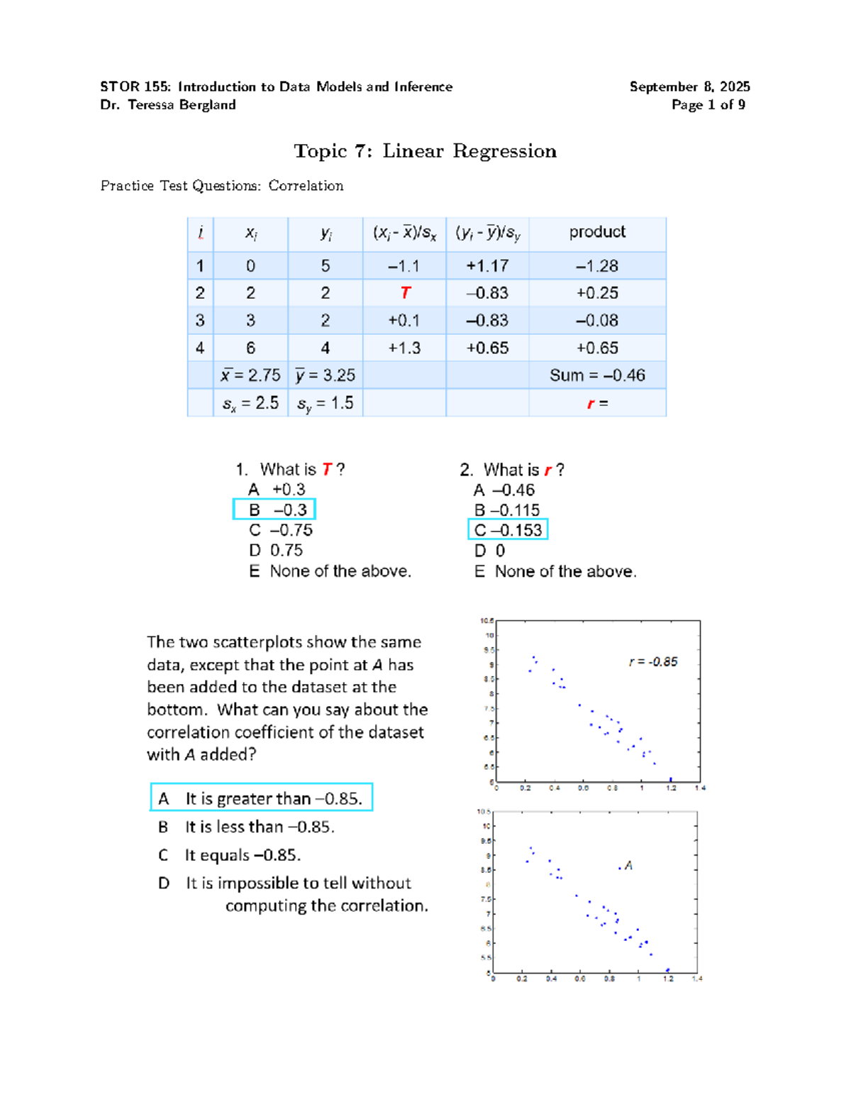 STOR 155: Linear Regression Practice Test Questions - Studocu