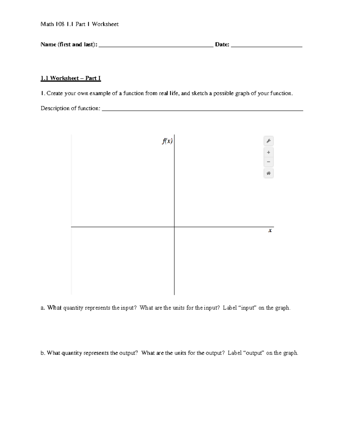 Math 108 1.1 Part 1 Worksheet: Real-Life Function Examples - Studocu