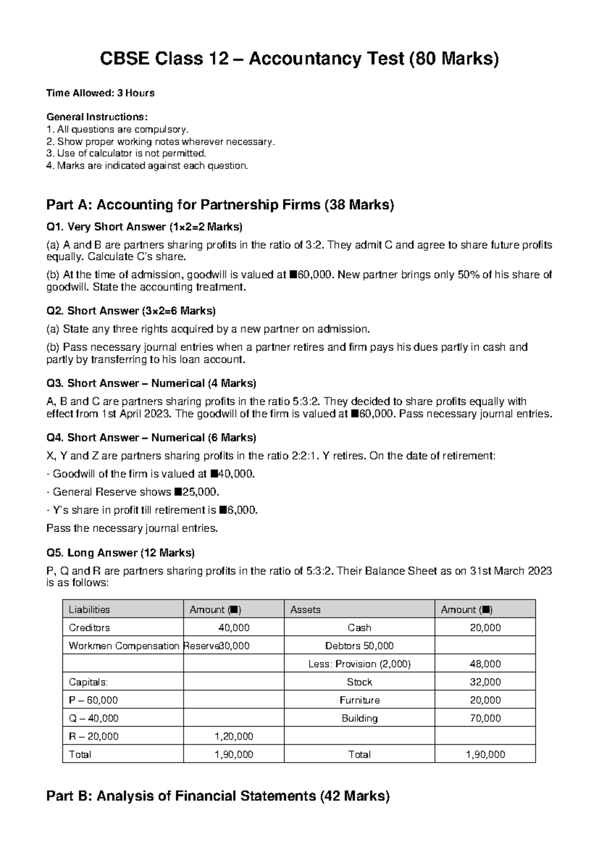 CBSE Class 12 Accountancy Test: Partnership & Financial Analysis - Studocu