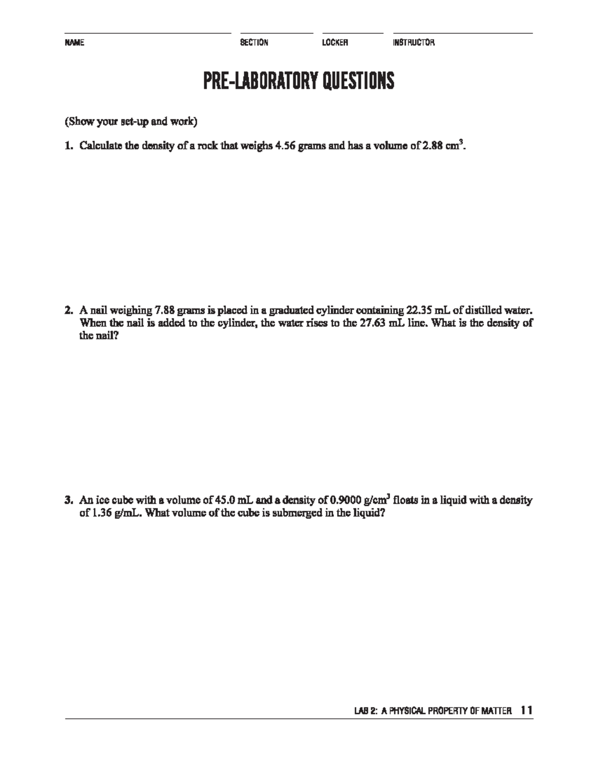 Lab 2 - Physical Properties of Matter: Density Calculations & Questions ...