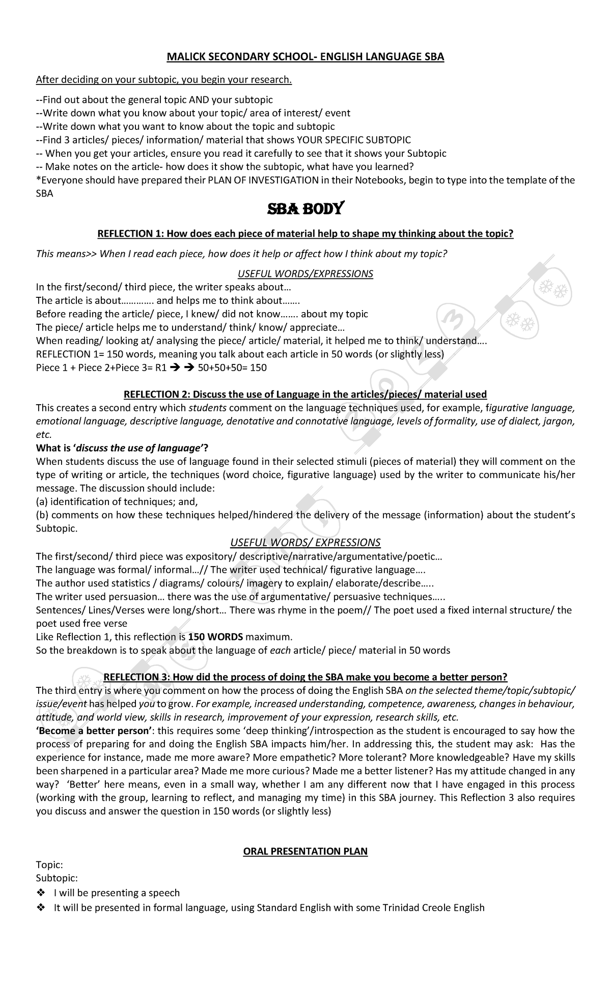 SBA 2023 - English Language Research Notes & Reflections Guide - Studocu