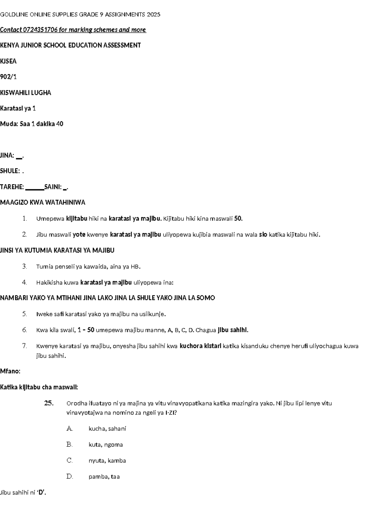 KISWAHILI KJSEA GRADE 9 ASSIGNMENT 2025: EDITED PAPER - Studocu
