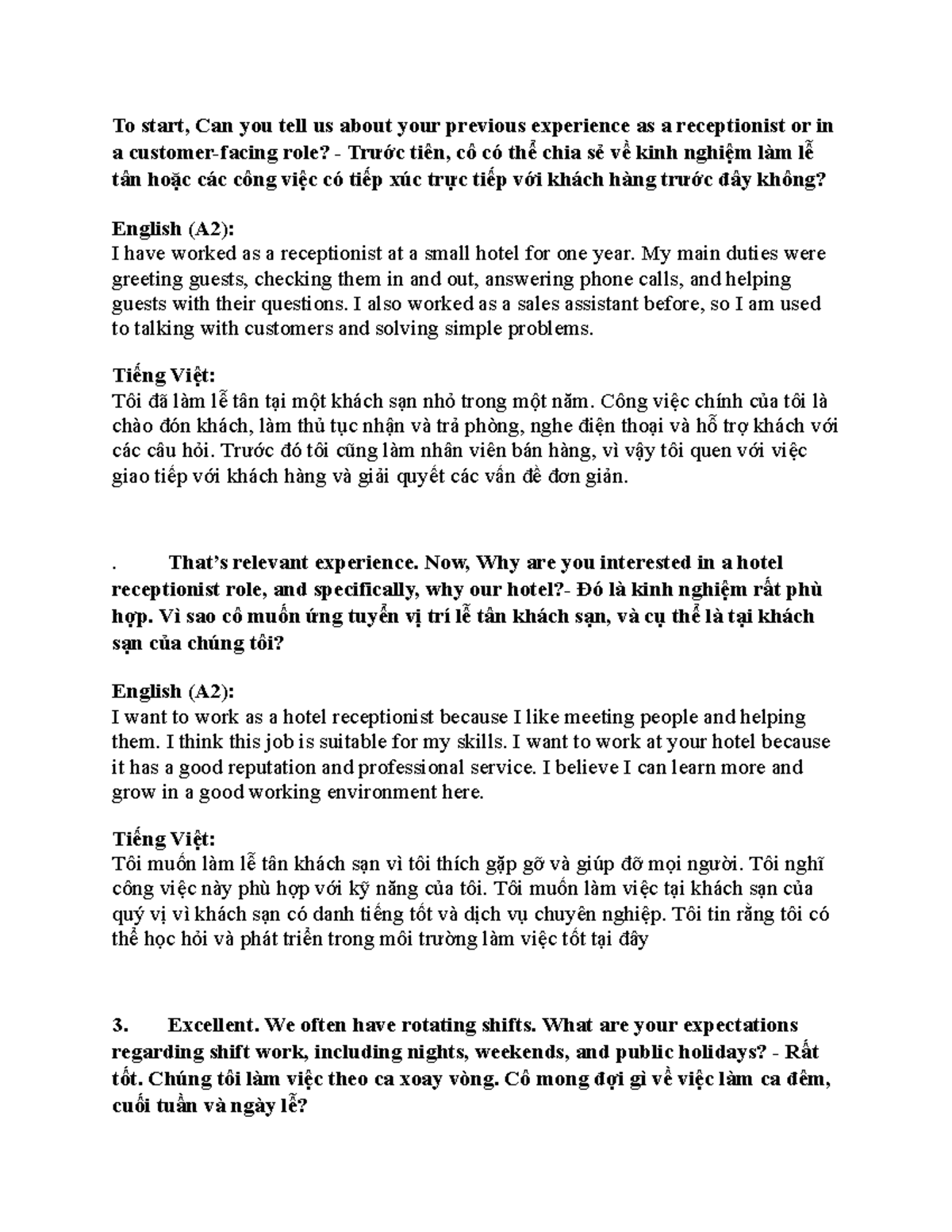 B1 - Hotel Receptionist Interview Preparation Notes - Studocu