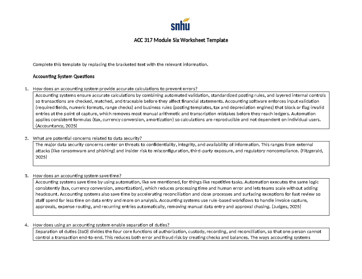 ACC 317 Module Six Worksheet: Accounting Systems Insights and Analysis ...