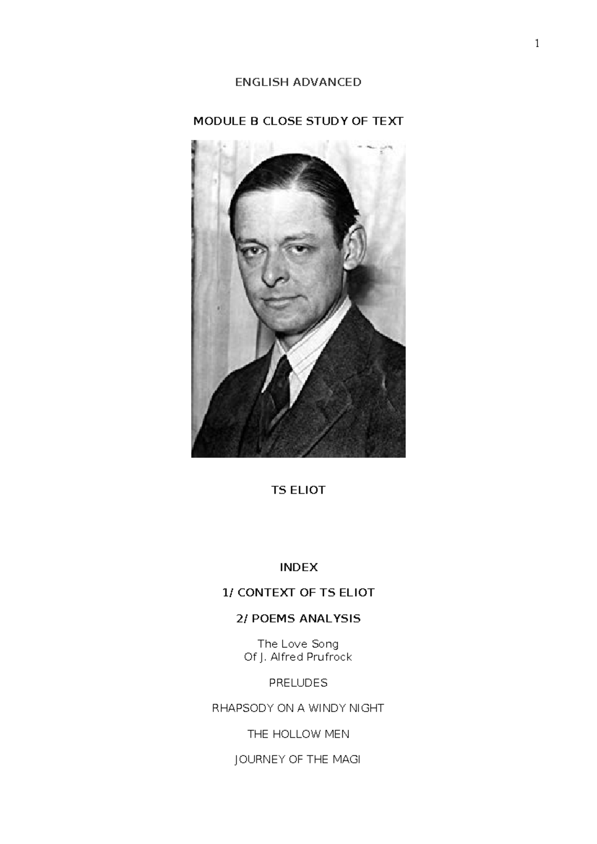 Analysis of T.S. Eliot's Poems: Context and Key Themes in ENGL 123 ...