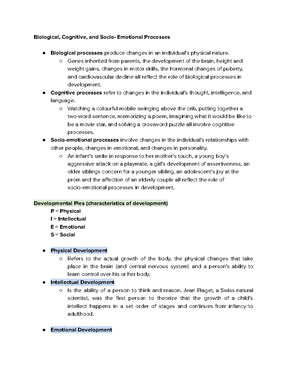 Study Notes on Biological, Cognitive, & Socio-Emotional Processes - Studocu