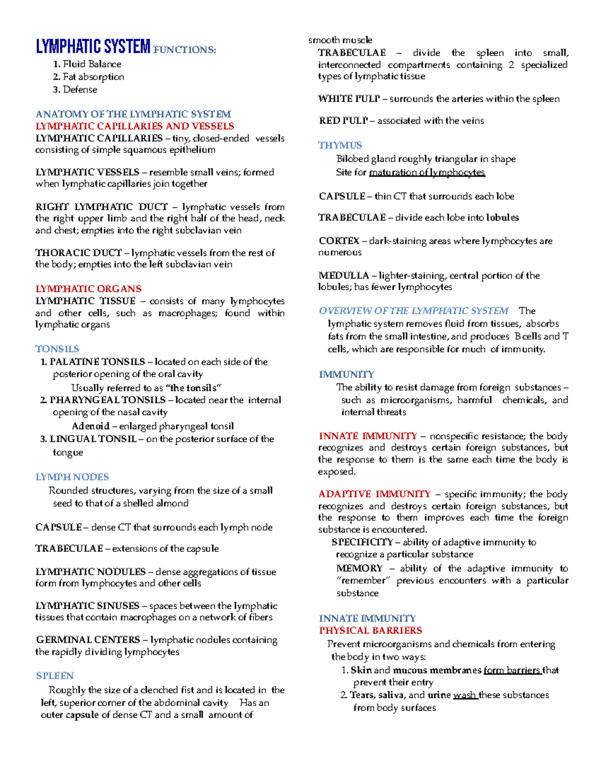 14-Lymphatic System Overview - TRANSES Exam Notes - Studocu