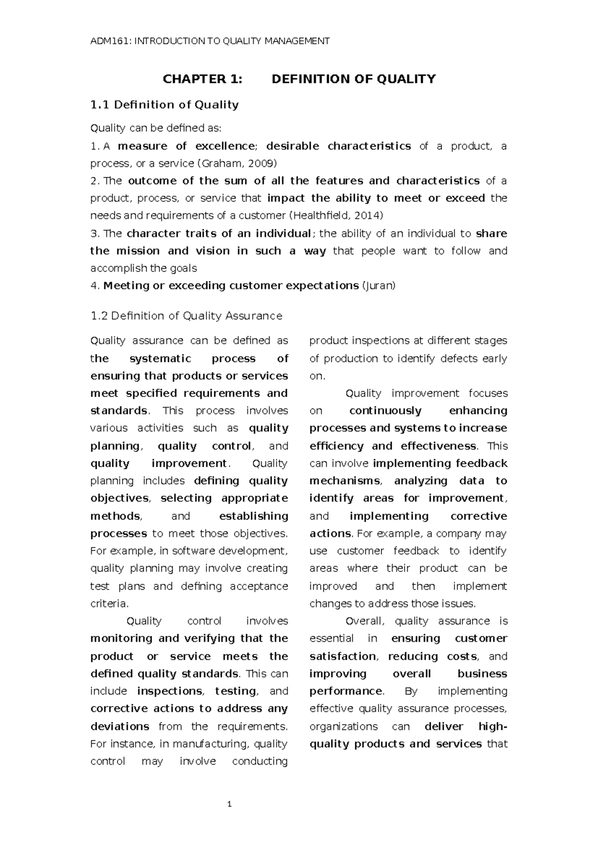 Chapter 1 Concept OF Quality - CHAPTER 1: DEFINITION OF QUALITY 1 ...