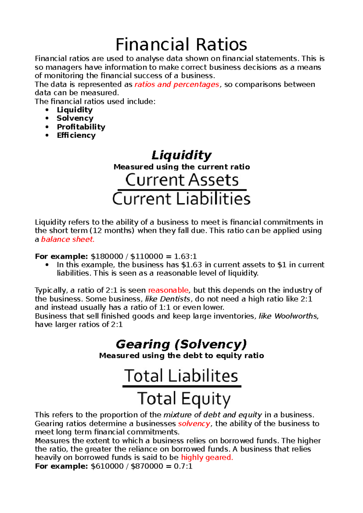 Business Studies - Finance Ratios Overview and Analysis Notes - Studocu