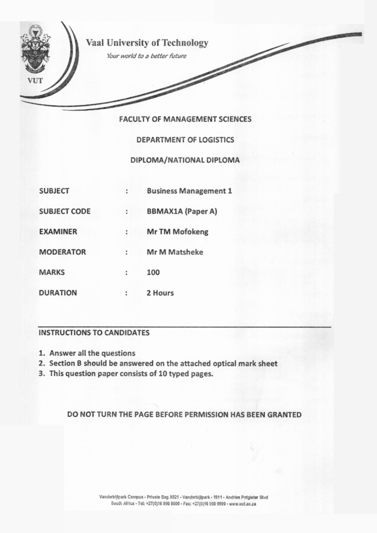 Business Management 1 Bbmax 1A June 2017 - Vaal University of ...