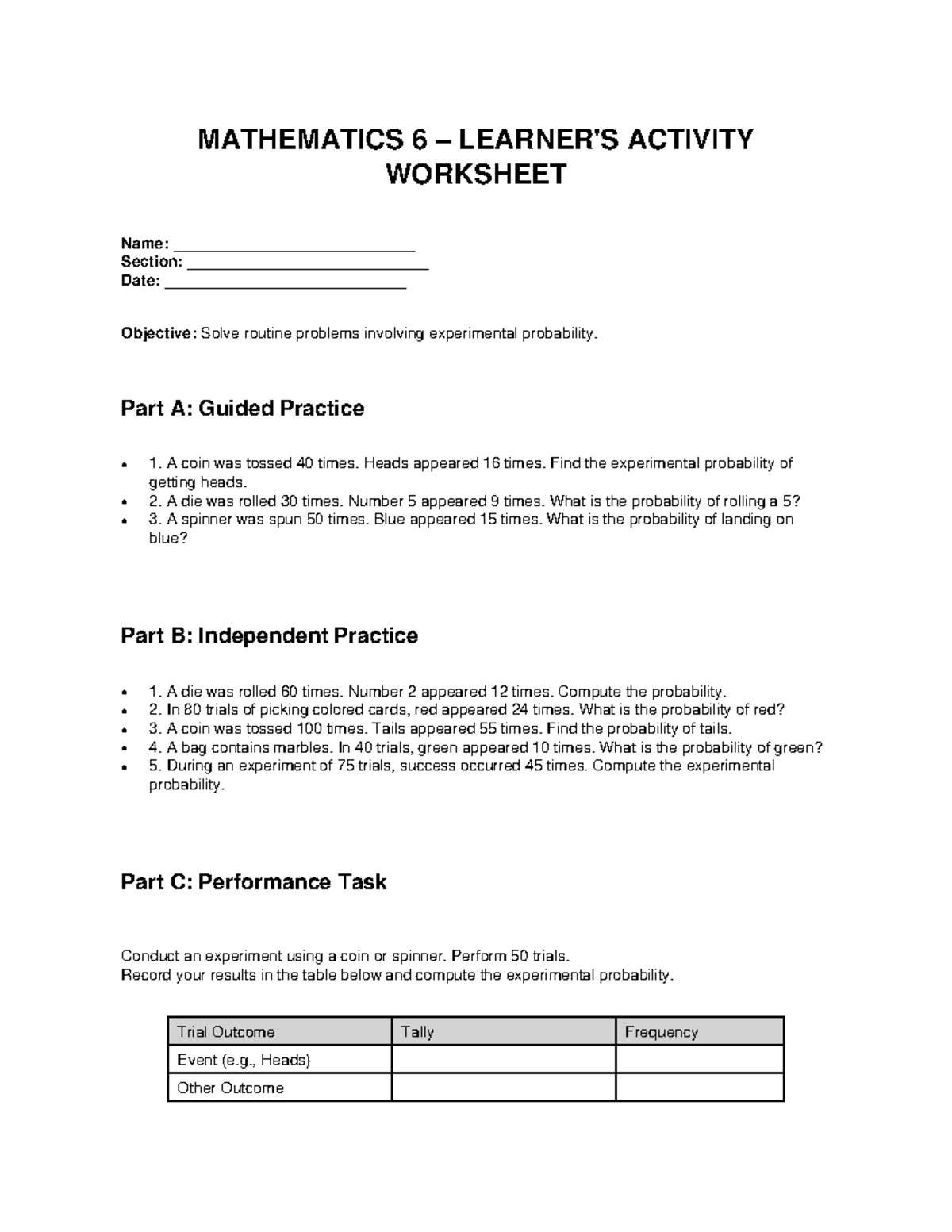 MATHEMATICS 6 EXPERIMENTAL PROBABILITY WORKSHEET - Studocu