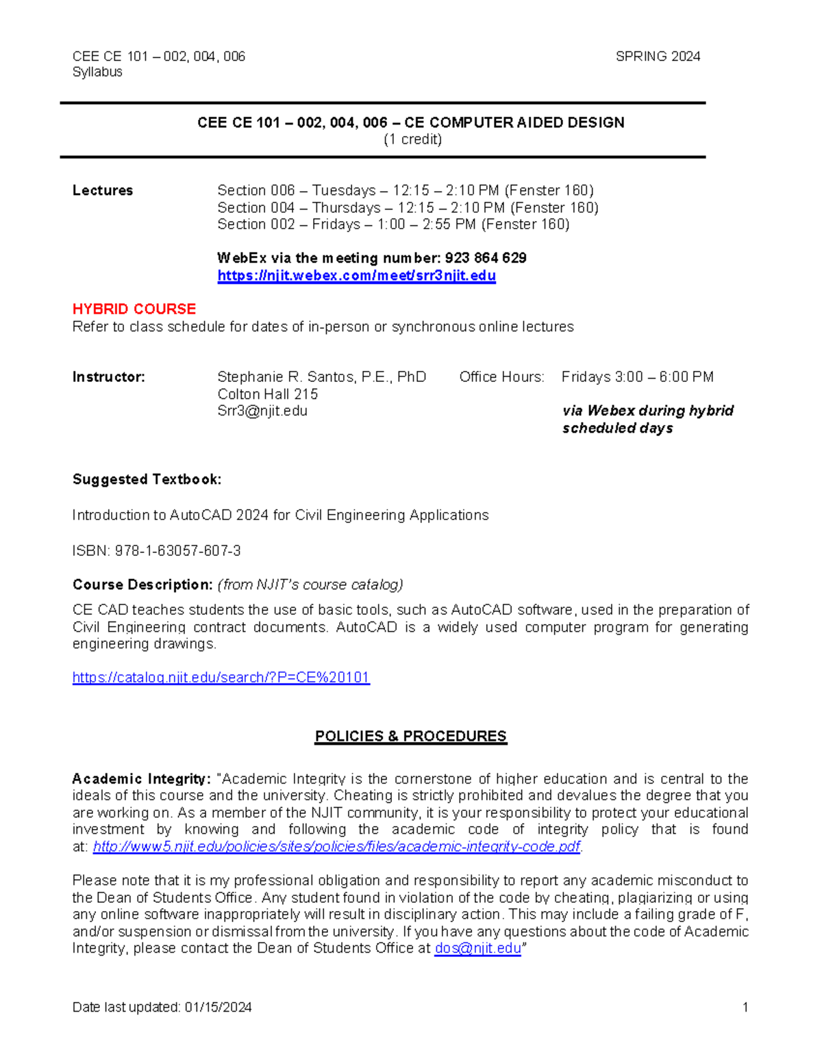 CE 101- Syllabus - Spring 2024 - Syllabus CEE CE 101 – 002, 004, 006 ...