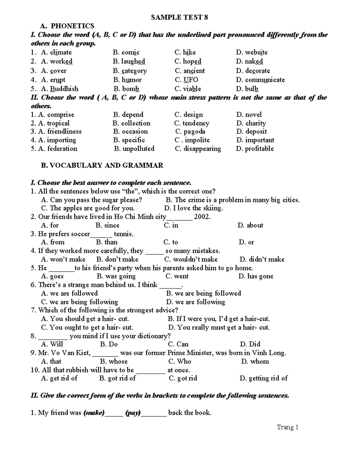 CC TEST 8 - Phonetics and Vocabulary Practice Test - Studocu