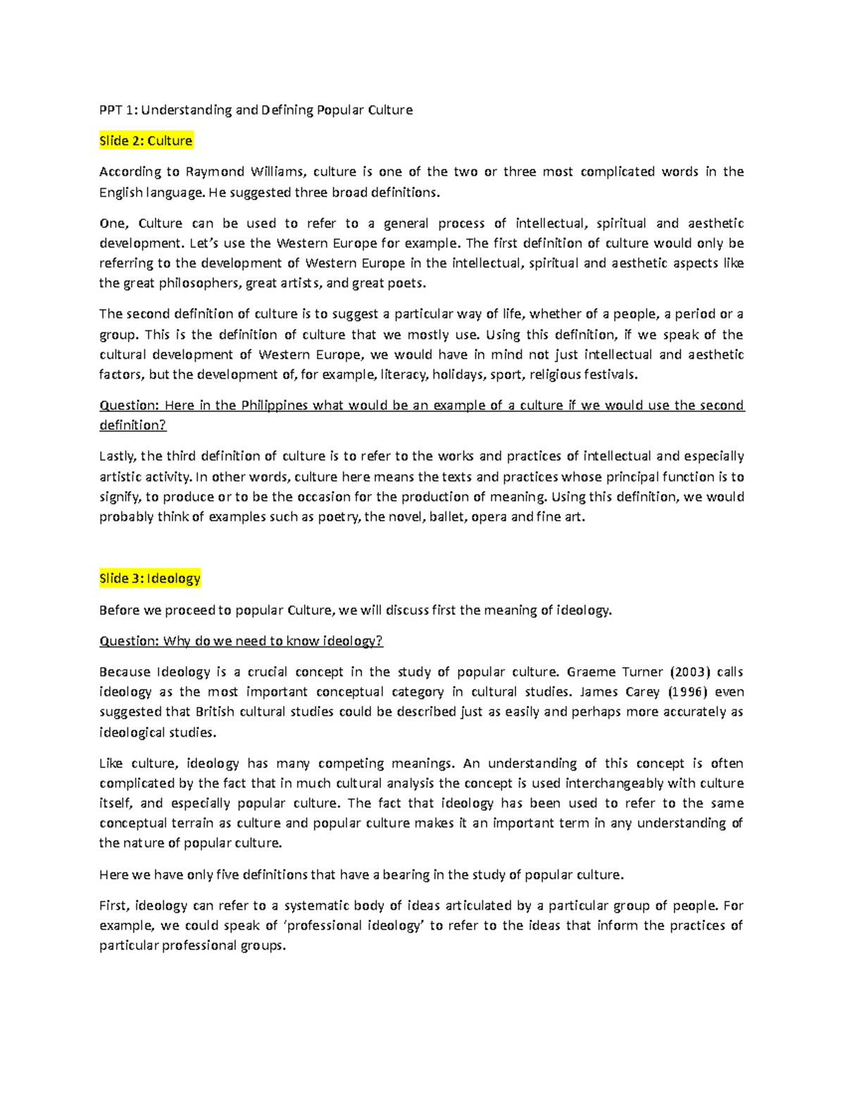 PPT 1: Understanding and Defining Popular Culture Concepts - Studocu