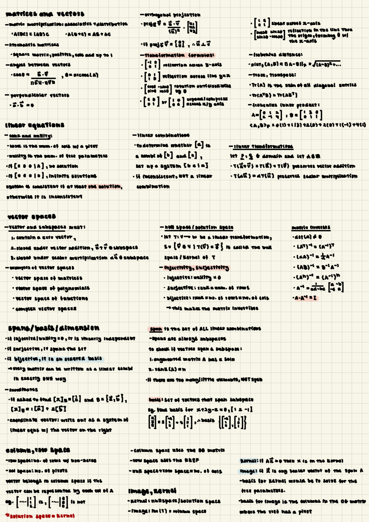 linear alg cheat sheet - matrices and vectors orthogonal projection matrix multiplication ...