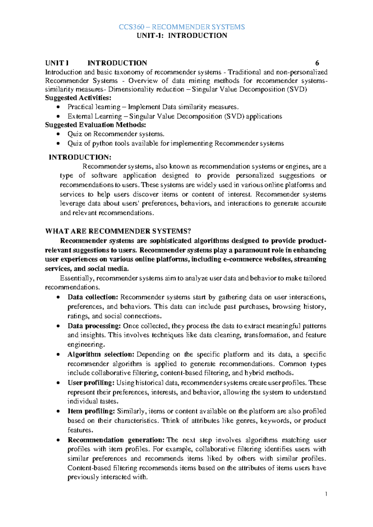 Recommender Systems Overview - CS101 UNIT I Notes - Studocu