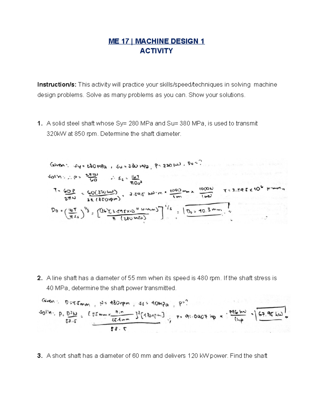 Assign 48 - Machine Design 1 Problem Solving (1-10) - ME 17 | MACHINE ...