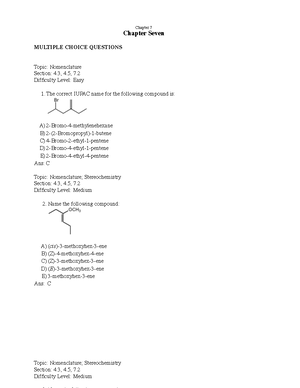 Chapter 7 organic chemistry test bank questions for Klein Orgo 3rd ...