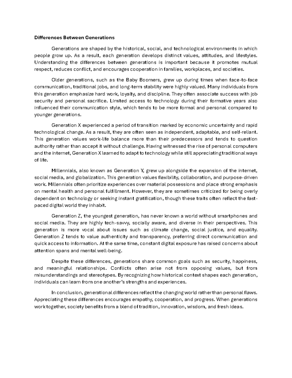 Generational Differences: Understanding Values and Perspectives - Studocu