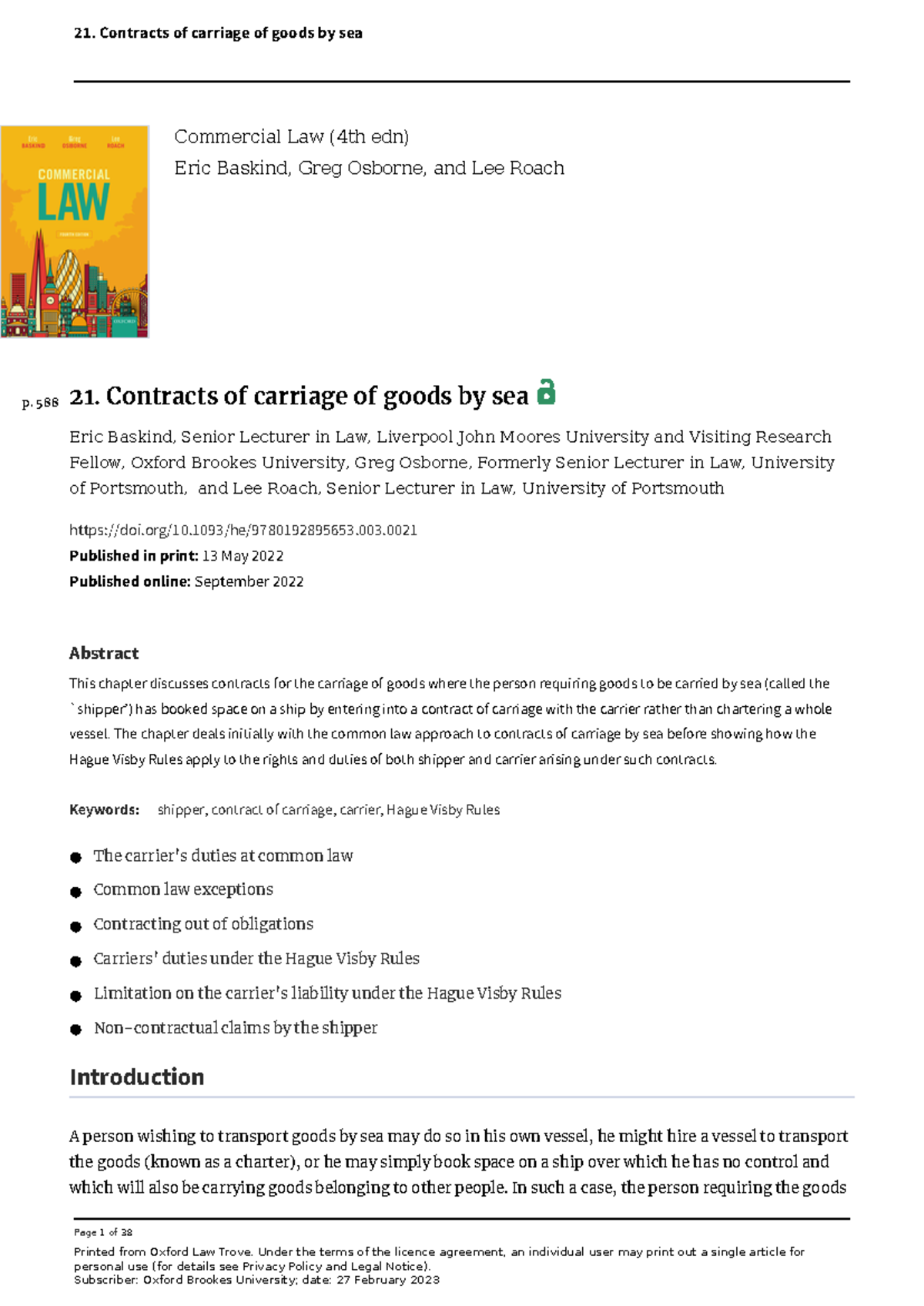 Contracts of Carriage of Goods by Sea - Commercial Law (CL402) Chapter ...