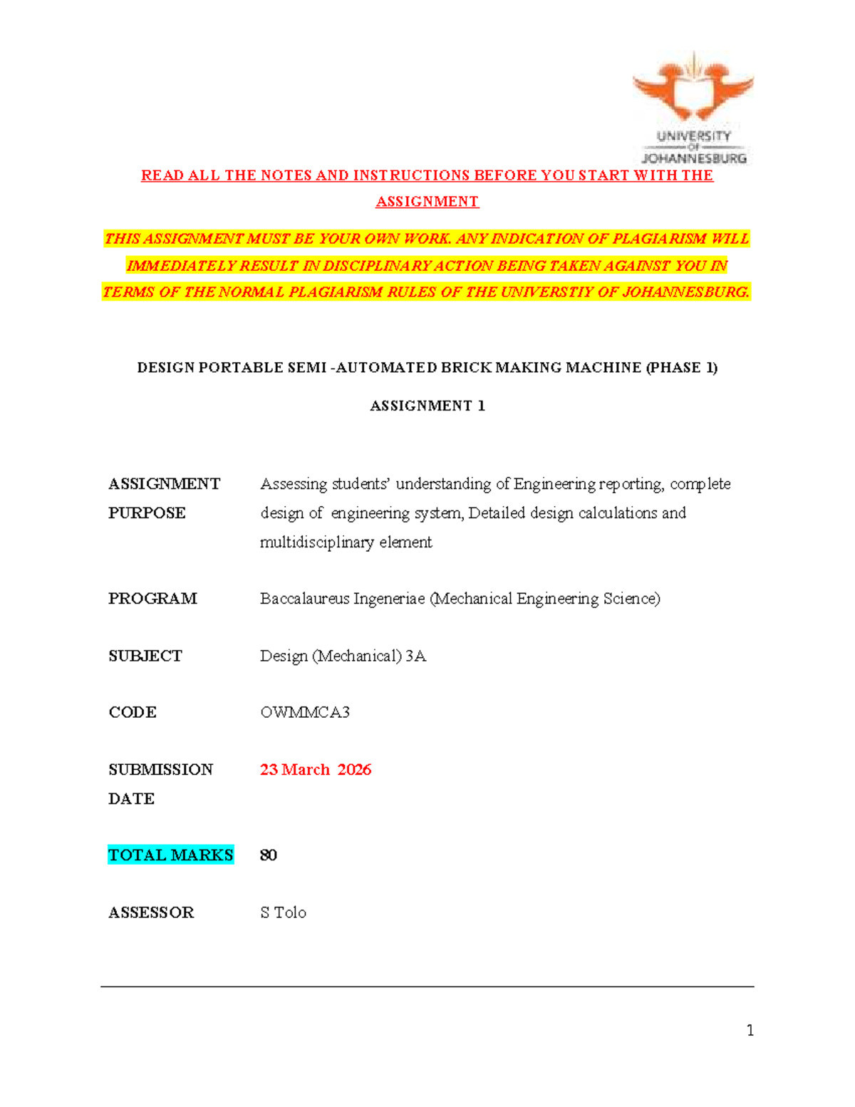 Assignment 1: Design of Portable Semi Brick Making Machine (OWMMCA3 ...