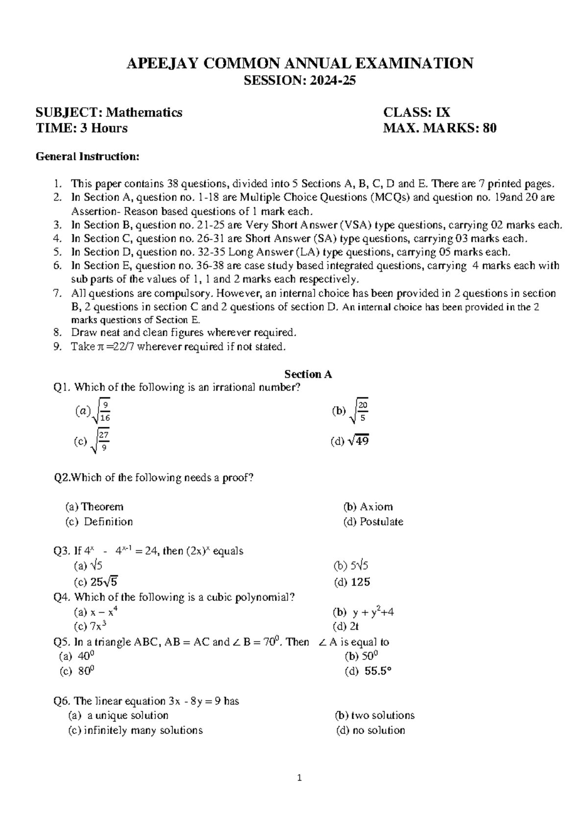 CAPJ Class IX Mathematics Annual Exam Question Paper 2024-25 - Studocu