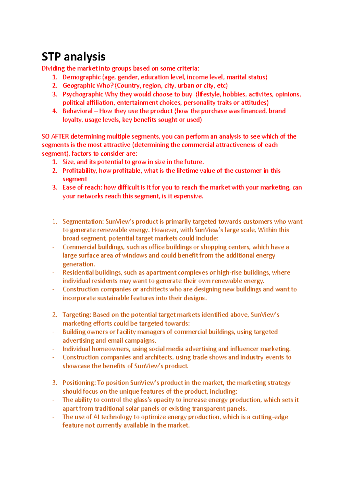 STP Analysis for SunView Product: Market Segmentation & Targeting - Studocu