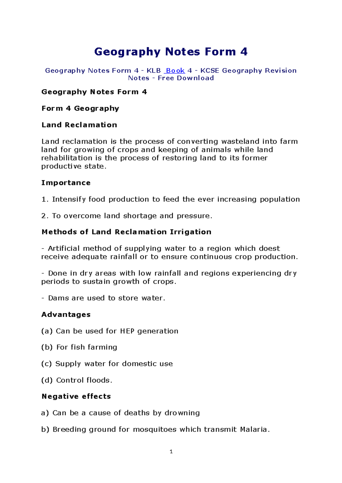 Geography Notes Form 4: Land Reclamation and Irrigation Methods - Studocu
