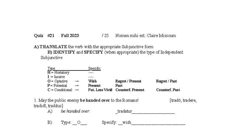 Quiz Fall 2023: Subjunctive Forms & Types in Latin - Studocu