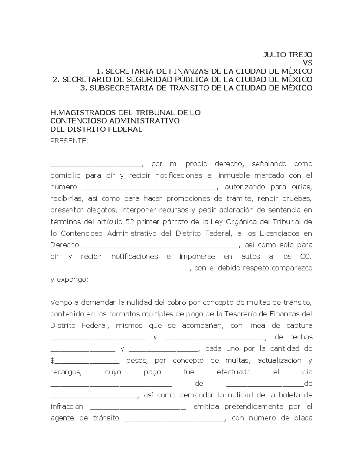Demanda de nulidad de multas de tránsito en el DF - Studocu