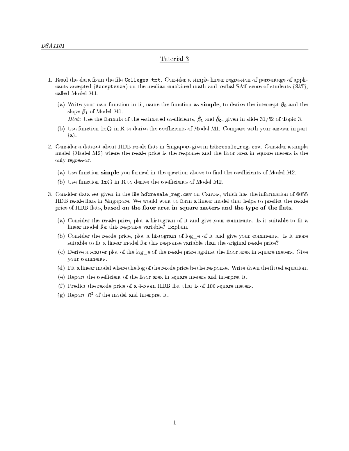 DSA1101 Tutorial 3: Linear Regression Analysis in R - Studocu