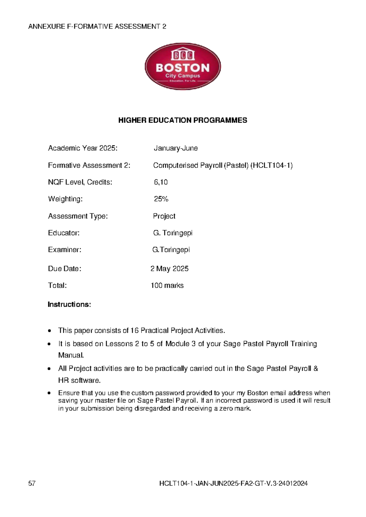 Computerised Payroll Project - Assessment 2 (NQF Level 6, Credits: 10 ...