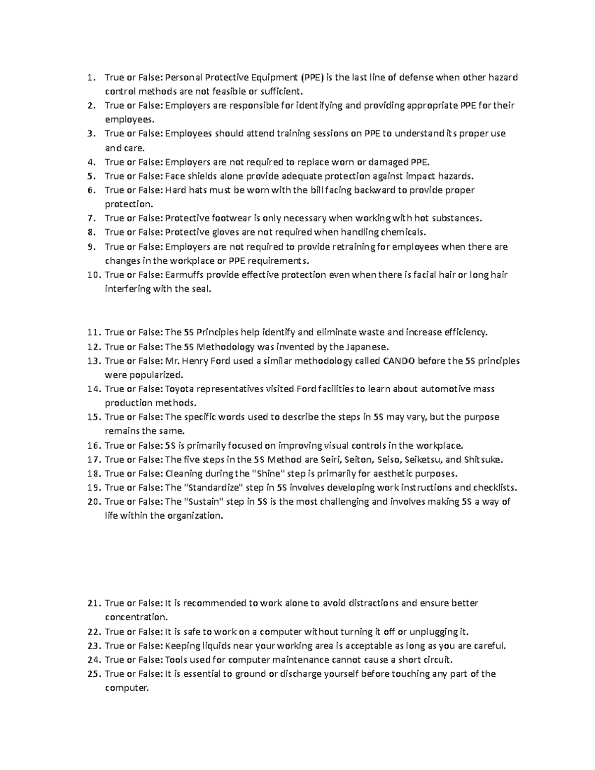 Quiz OHS 3R 5S - PPE and 5S Principles True/False Questions - Studocu