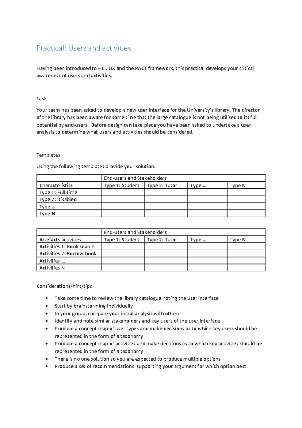 Practical 1 1 01: User Analysis for Library Interface Design - Studocu