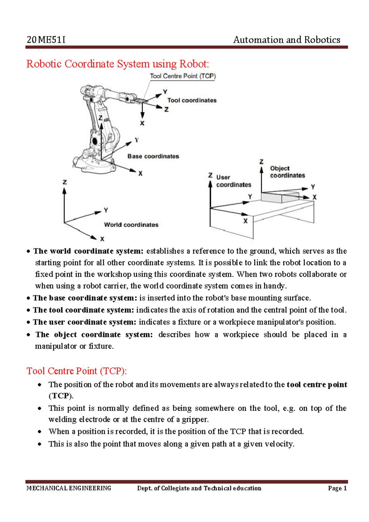 20ME51I Automation and Robotics: Understanding Robot Coordinate Systems ...