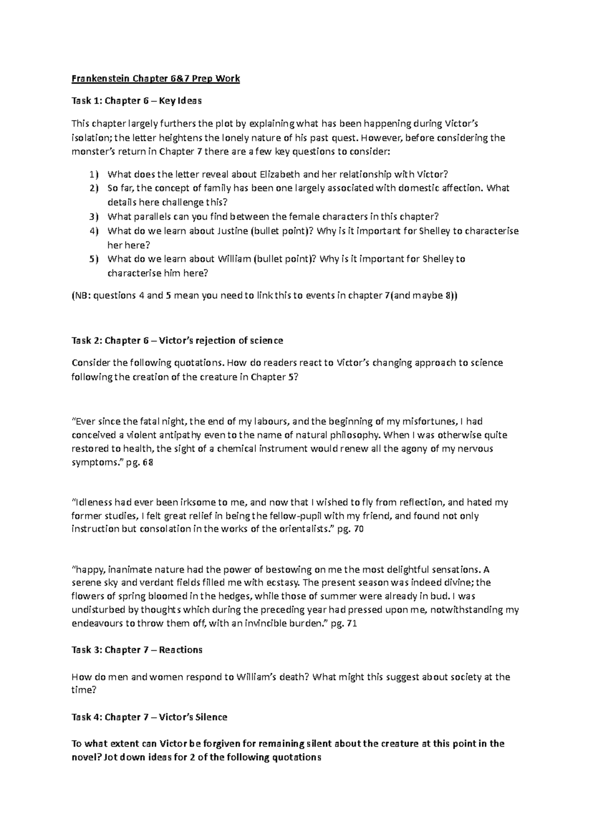 Frankenstein ENG 101 Chapter 6 Prep: Key Ideas & Analysis - Studocu