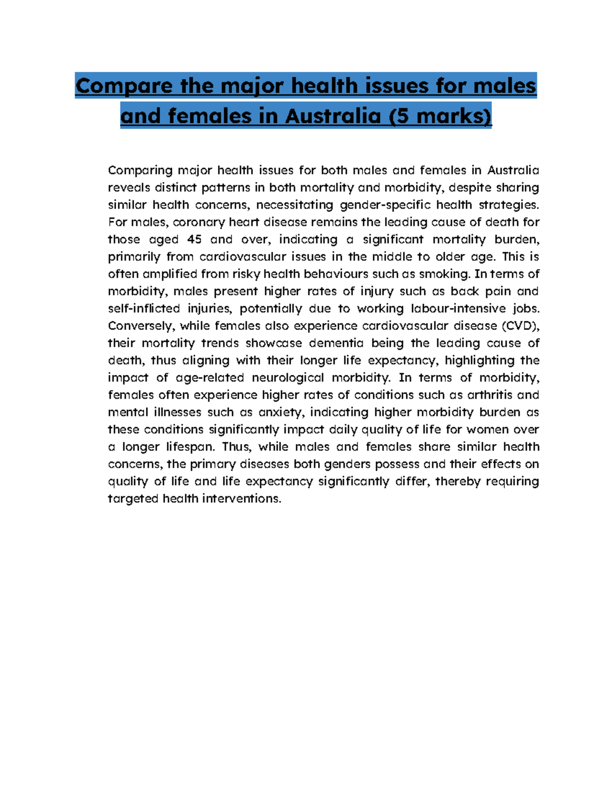 KIQ #1 - CP1 Health Issues Comparison: Males vs. Females in Australia ...