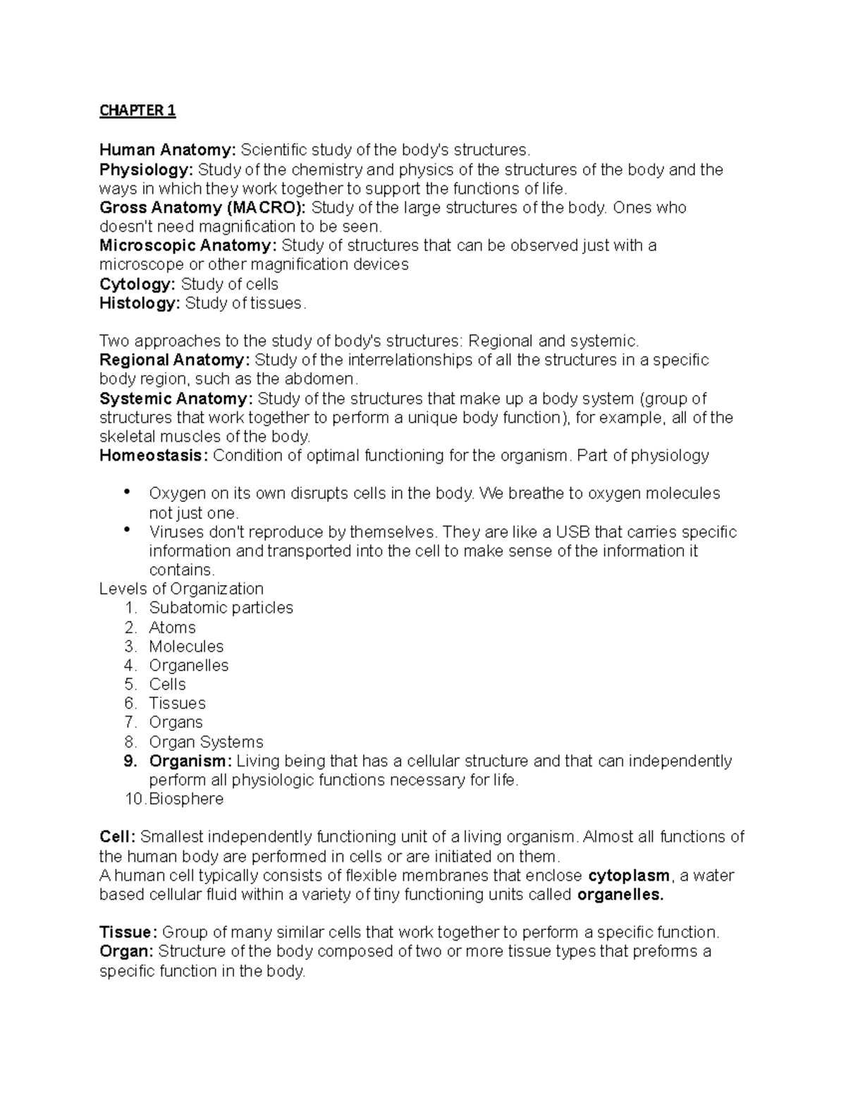 Human Anatomy Overview: Chapter 1 Notes for BIO 101 - Studocu