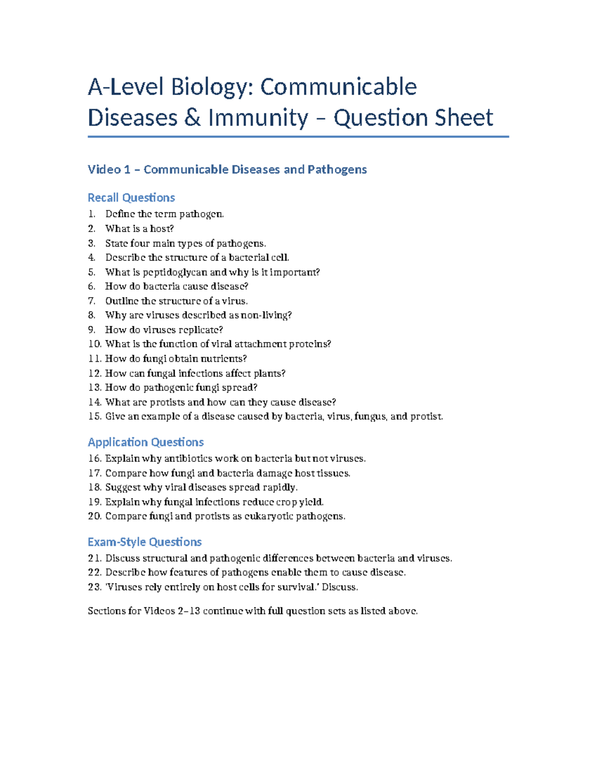 A Level Biology: Communicable Diseases Immunity Q&A Sheet - Studocu